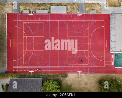 Basketball court and running tracks aerial birds eye view Stock Photo ...