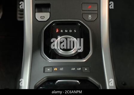 Detail of modern car interior, gear stick, automatic transmission in ...