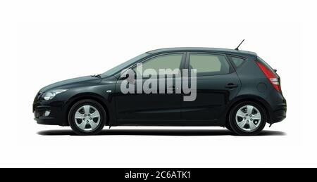 Side view of black hatchback car is isolated on white background with ...