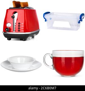 Collage of toaster and crockery on white background Stock Photo - Alamy
