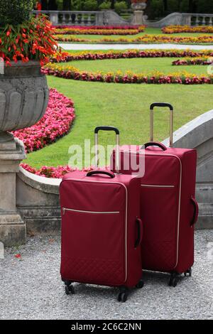 Two suitcases on the lawn, travel image Stock Photo - Alamy