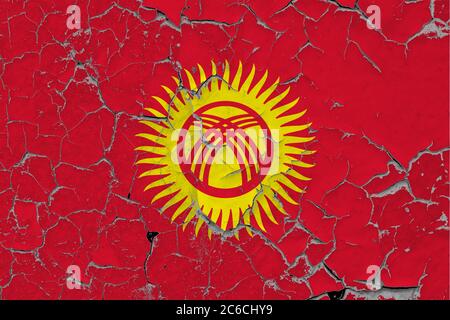 Kyrgyzstan flag close up grungy, damaged and weathered on wall peeling ...