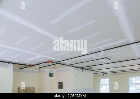 Automatic fire sprinkler system install on pipe ceiling background in ...