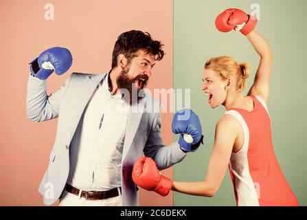 Conflict concept. Family quarrel. Boxers fighting in gloves. Domination ...