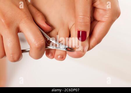 woman chopping her toenails on white background Stock Photo - Alamy