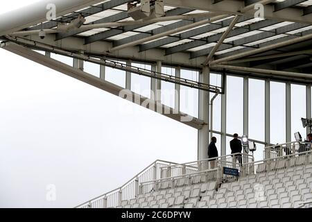 Commentator in the stands during the Sky Bet League Two match at the EV ...