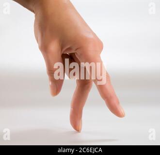 Business two finger symbol walking up on wood blocks shape staircase to climb up career ladder ...