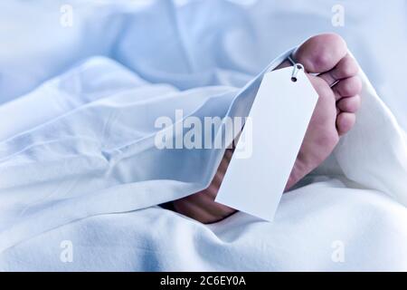 Human corpse covered with a sheet and name tag on toe in the morgue ...