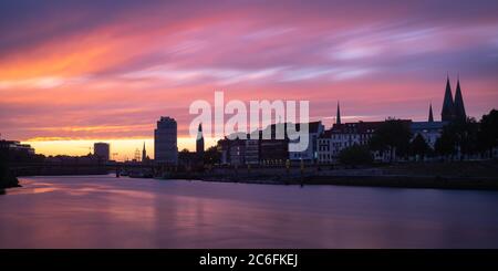 panorama of the river Weser in Bremen, Germany with city center and ...