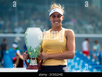 Madison Keys of the United States with her winners trophy after the ...