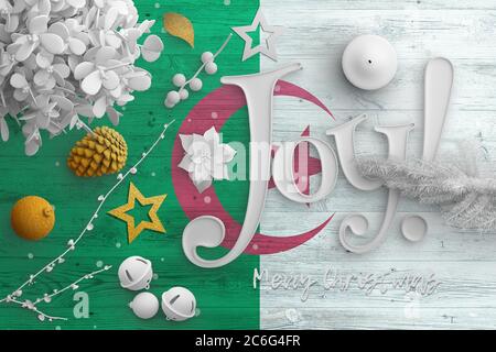 Algeria flag on new year invitation card with red christmas ornaments ...