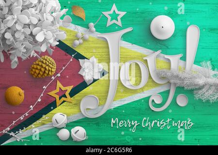 Guyana flag on new year invitation card with red christmas ornaments ...