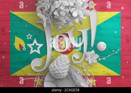 Grenada flag on wooden table with snow objects. Christmas and new year ...