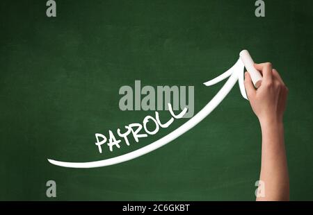 Hand drawing PAYROLL inscription with white chalk on blackboard ...