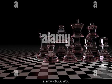 3D illustration. Chess piece elephant of glass on the Board in a small ...