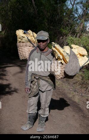 Worker carrying sulphur blocks in bamboo basket, Ijen Volcano, Java ...