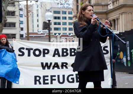 Greens Senator Sarah Hanson-Young at a press conference at Parliament ...