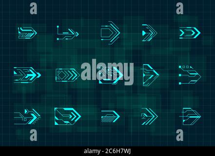 HUD futuristic arrows and navigation pointers vector interface. Sci Fi and cyberpunk games. Blue ...