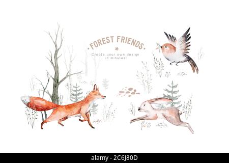 Woodland animals set. Owl, hedgehog, fox and butterfly, Bunny rabbit ...