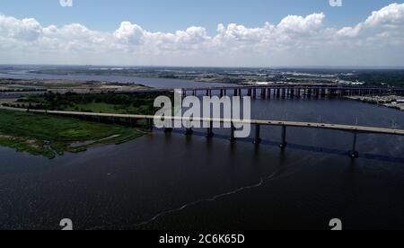 Aerial view of the Victory Bridge over Raritan River. The Bridge ...