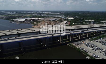 Aerial view of the Raritan River Bridge at left with Old Edison ...