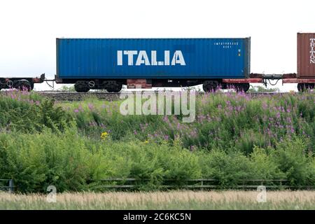Italia shipping container on a freightliner train, Warwickshire, UK ...