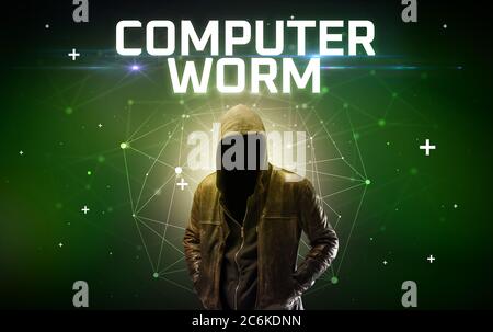 Mysterious hacker with COMPUTER WORM inscription, online attack concept ...
