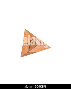 Four-piece pyramid. Wooden puzzle isolated on white background. Copy ...