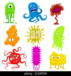 Vector cartoon evil bacteria germs. Angry agressive cute virus set ...