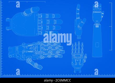 3d rendering cyborg or robot blueprint with scale on blue background ...