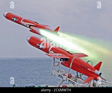 A US Navy BQM-74E target missile drone launches from the flight deck of ...