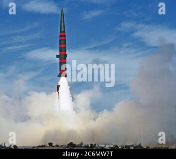 An MGM-31A Pershing 1a missile is fired from a launch pad at the ...