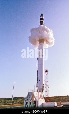 An MGM-118A Peacekeeper international ballistic missile emerges from ...