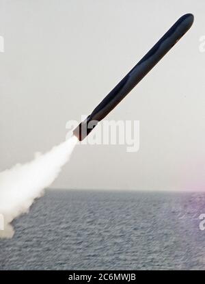 A BGM-109 Tomahawk Land-Attack Missile (TLAM) takes to the air after ...