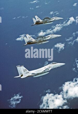 An air-to-air right side view of three Israeli-built F-21 Kfir aircraft ...