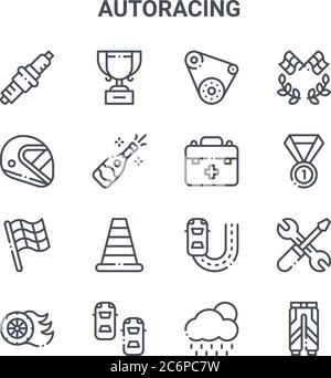 set of 16 autoracing concept vector line icons. 64x64 thin stroke icons ...