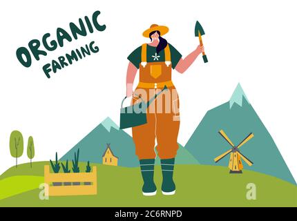 Organic farming. Agricultural workers planting and gathering crops ...