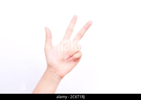 Hand gesturing three finger salute isolated on white background with ...