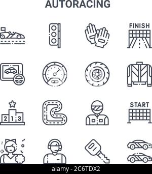 set of 16 autoracing concept vector line icons. 64x64 thin stroke icons ...