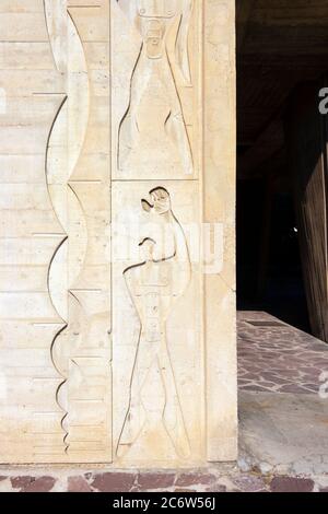 detail of concrete gliph of Modulor Man at Unité d'habitation Cite ...