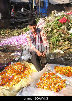 Yellow Marigold Flowers In Bamboo Basket Called Puja Phool Ki Tokri Or ...