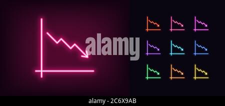 Neon downfall graph icon. Glowing neon drop diagram sign, down bar ...