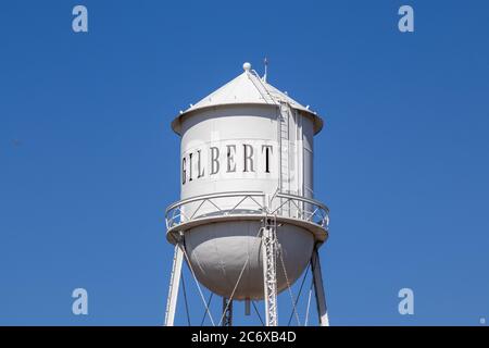 Downtown Gilbert Arizona water tower palm trees and restaurants Stock ...