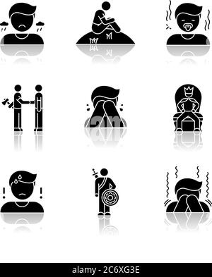 Positive and negative emotions black glyph icons set on white space ...