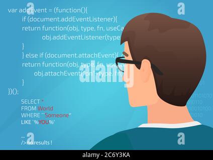 Programmer work back view. Code engineering screen isolated on white ...