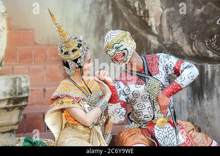 Hanuman and Suvannamaccha in Thai classical mask dance of the Ramayana ...