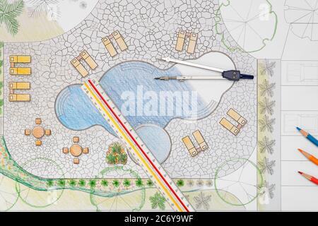 Landscape architect design backyard pool plan for resort Stock Photo ...