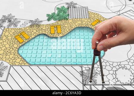 Landscape architect design backyard pool plan for resort Stock Photo ...