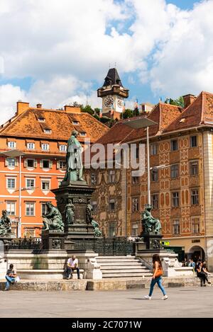 Erzherzog Johann fountain and Town Hall at Hauptplatz (main square) in ...