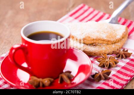cup fool of coffee with cake on wooden background Stock Photo - Alamy